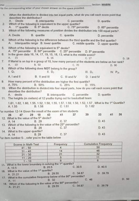Solved Section: MABINI ite the corresponding letter of your | Chegg.com