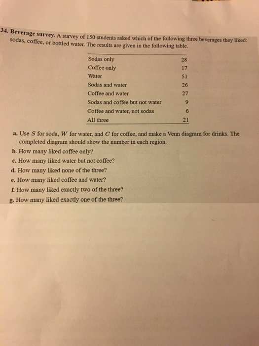 Solved 34. Beverage survey. A survey of 150 students asked | Chegg.com