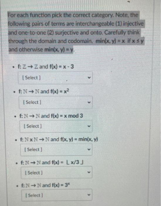 Solved For each function pick the correct category. Note, | Chegg.com