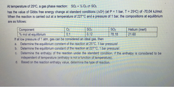Solved At temperature of 25°C, a gas phase reaction: SO2 + | Chegg.com