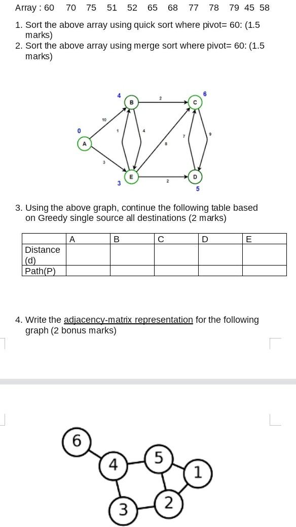 Solved Array : 60 70 75 51 52 65 68 77 78 79 45 58 1. Sort | Chegg.com