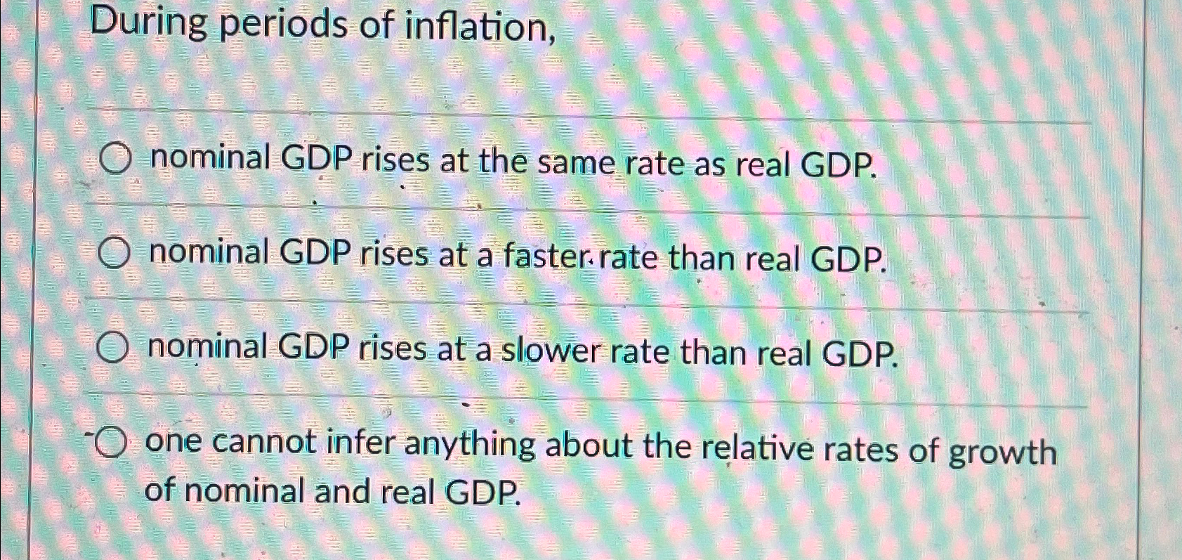 Solved During periods of inflation,nominal GDP rises at the | Chegg.com