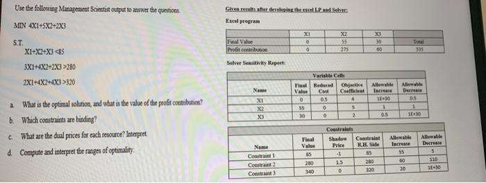 Solved Use the following Management Scientist output to | Chegg.com