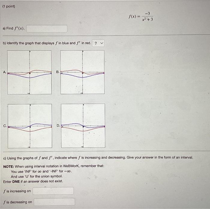 Solved (1 point) f(x)=x2+3−3 a) Find f′(x) b) Identify the | Chegg.com