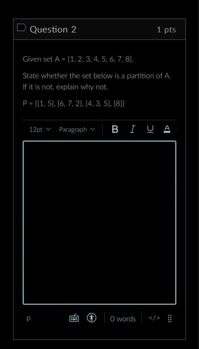 Solved Given set A={1,2,3,4,5,6,7,8}. Give a partition of A | Chegg.com