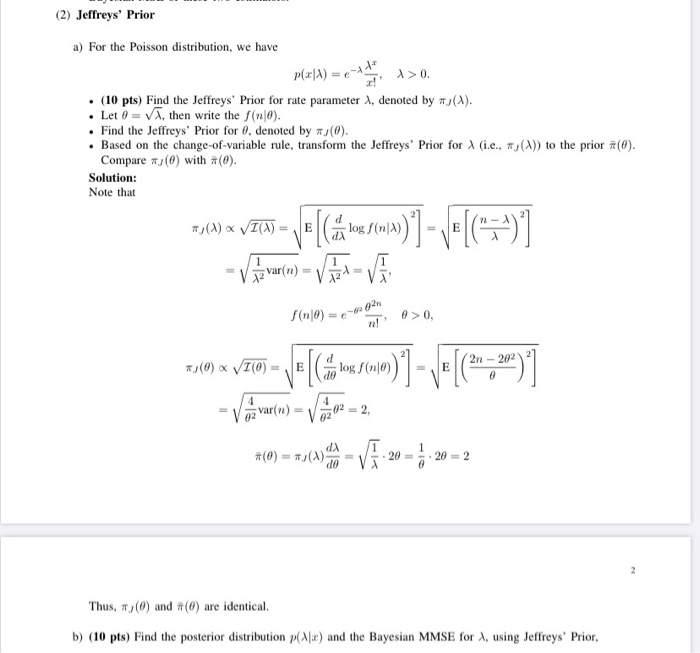 Solved (2) Jeffreys' Prior a) For the Poisson distribution, | Chegg.com