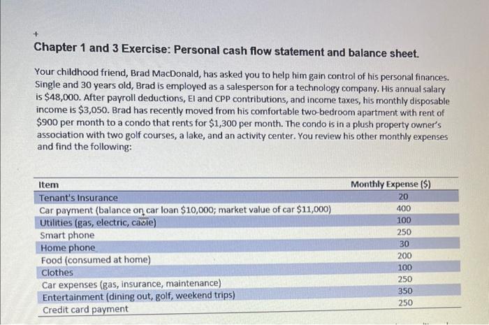 Chapter 1 and 3 Exercise: Personal cash flow | Chegg.com