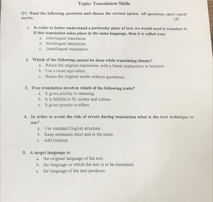 Topic: Translation Skills Q1: Read the following | Chegg.com