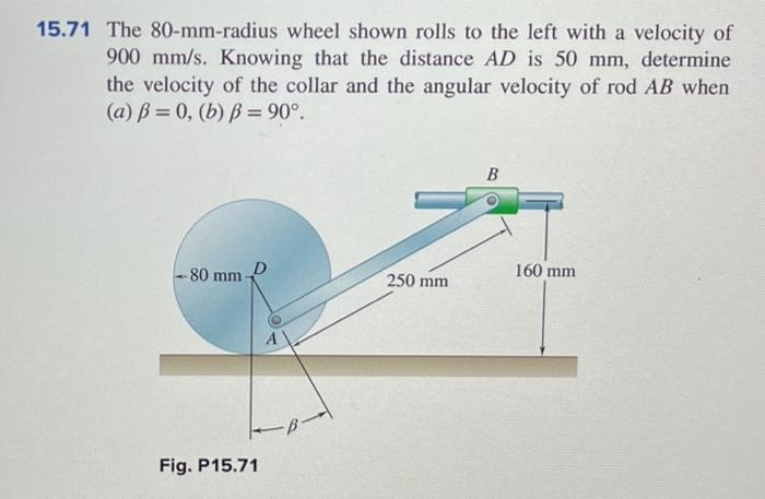 Solved 15.71 The 80-mm-radius wheel shown rolls to the left | Chegg.com