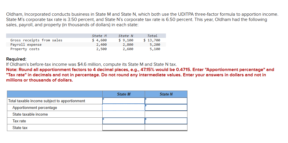 Solved Oldham, Incorporated conducts business in ﻿State M | Chegg.com