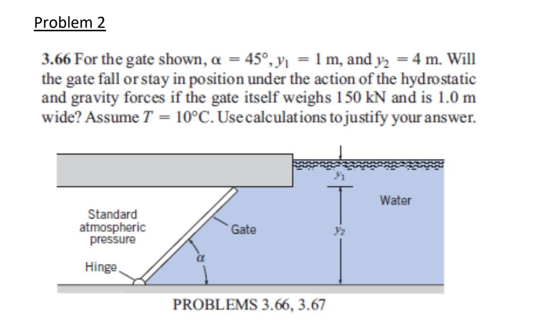 Solved Problem 2 3.66 For the gate shown, a = 45°, yı = 1 m, | Chegg.com