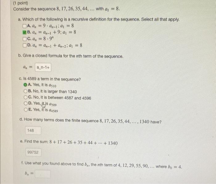Solved (1 point) Consider the sequence 8, 17, 26, 35, 44, | Chegg.com