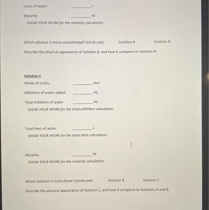 LAB 11: SOLUTIONS Solution A Mass of CuSO4 g Moles of | Chegg.com