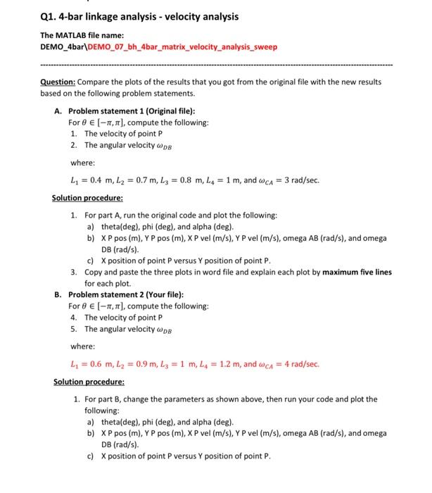 Solved Q1 4 Bar Linkage Analysis Velocity Analysis The