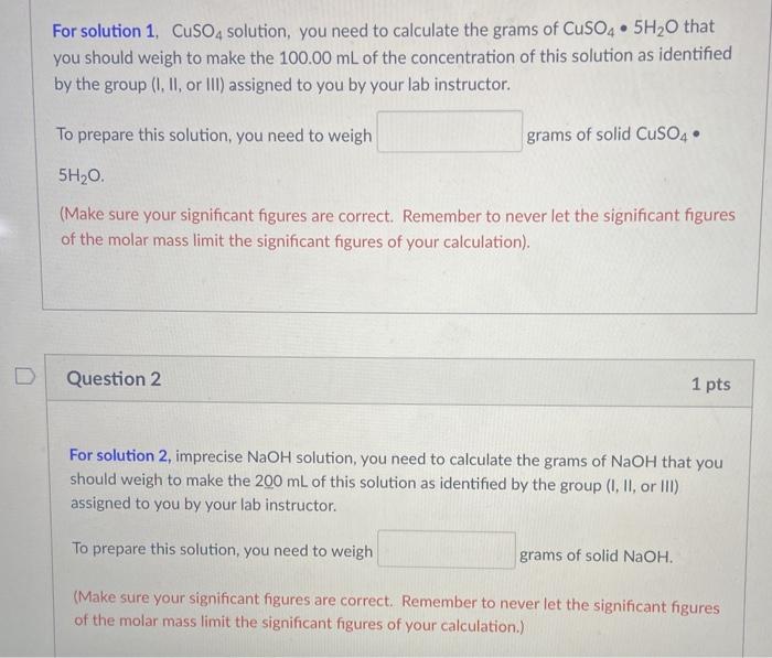 Solved For solution 1, CuSO4 solution, you need to calculate | Chegg.com