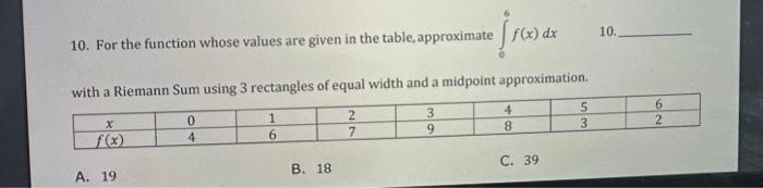 Solved 10. For the function whose values are given in the | Chegg.com