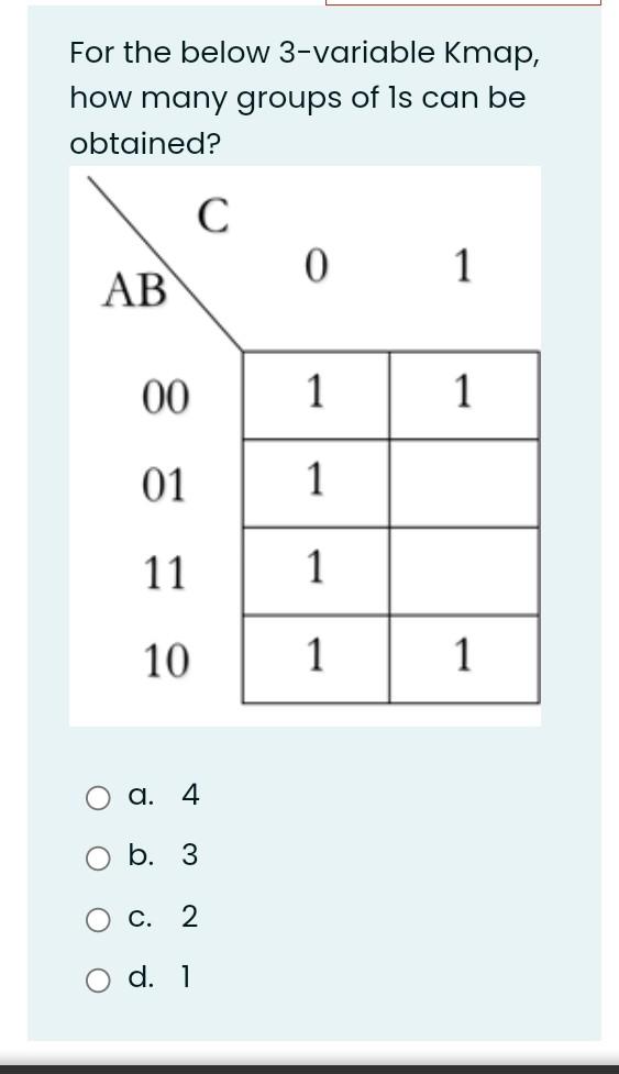Solved For the below 3-variable Kmap, how many groups of ls | Chegg.com