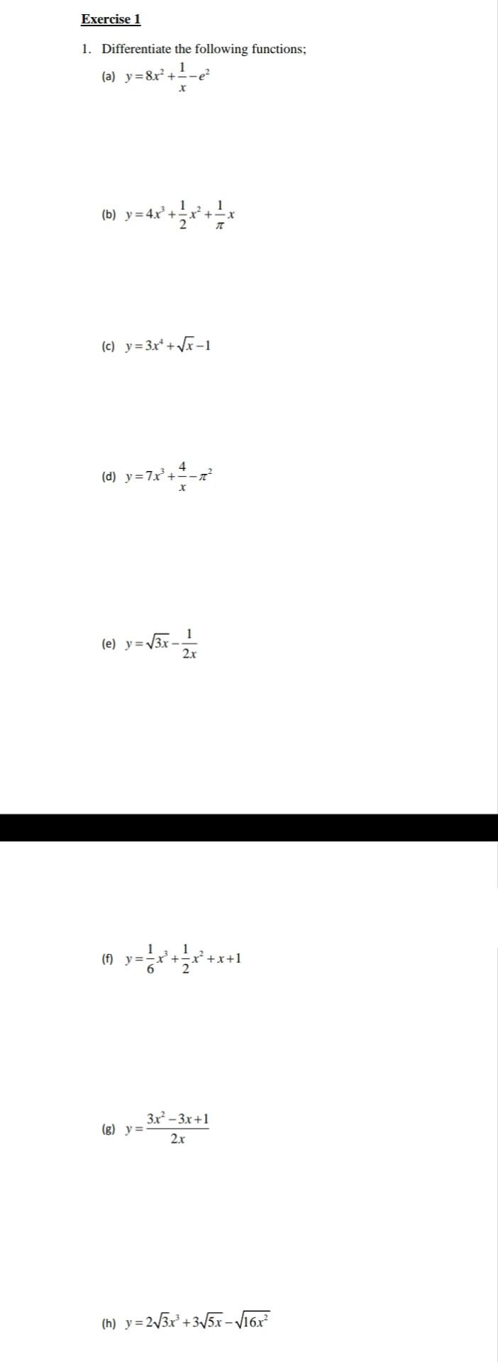 Solved 1. Differentiate the following functions; (a) | Chegg.com