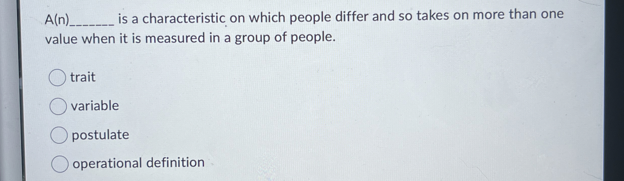Solved A(n) q, ﻿is a characteristic on which people differ | Chegg.com