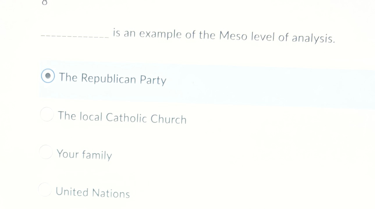 Solved is an example of the Meso level of analysis.The | Chegg.com
