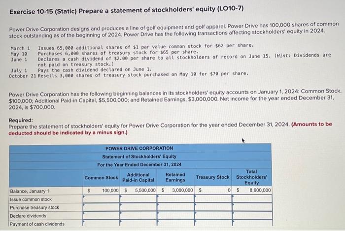 Solved Exercise 10-15 (Static) Prepare a statement of | Chegg.com