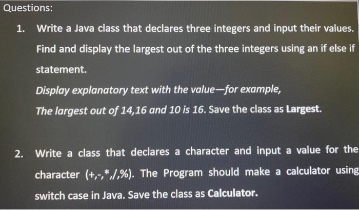 Solved 1. Write a Java class that declares three integers | Chegg.com
