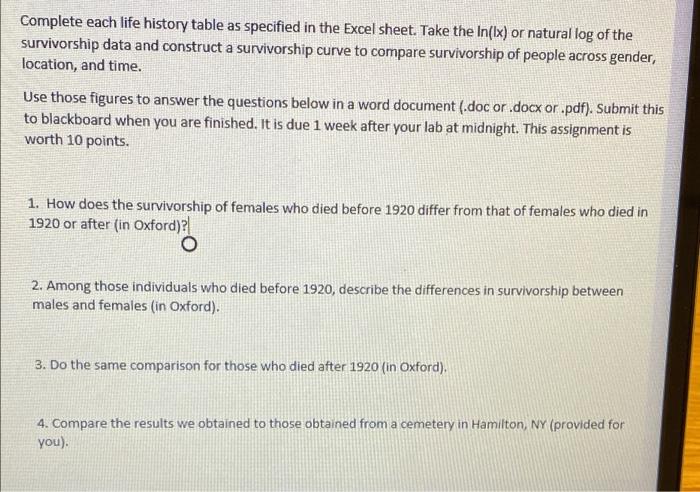 Complete each life history table as specified in the | Chegg.com