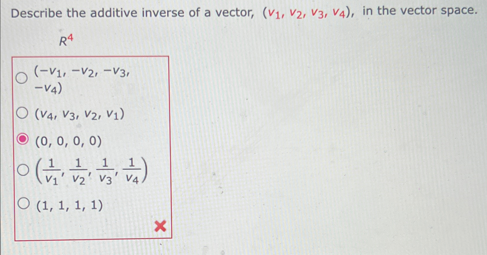 Solved Describe the additive inverse of a vector, | Chegg.com