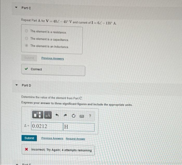 Solved Part A A certain element has a phasor voltage of V = | Chegg.com