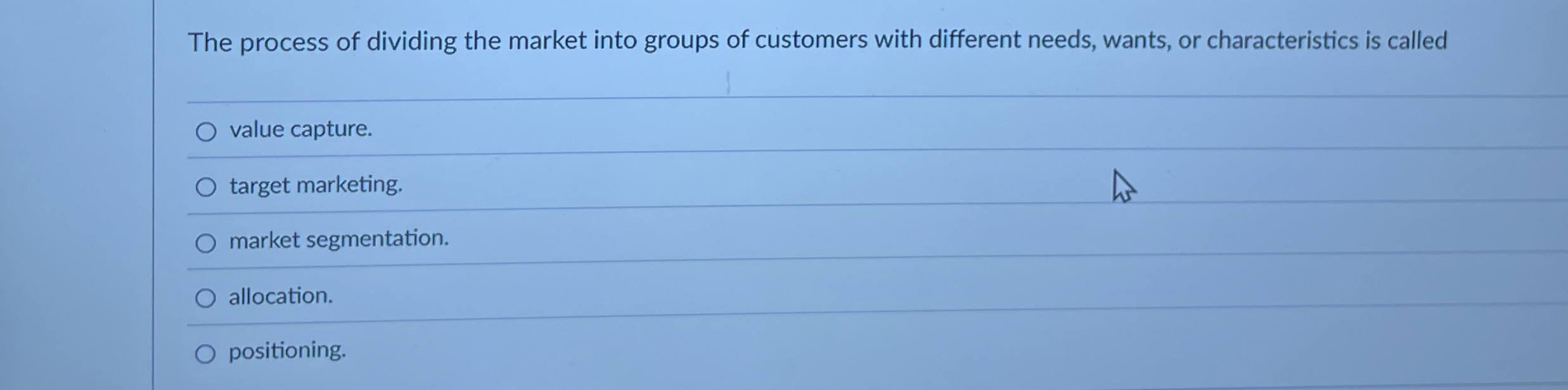 Solved The process of dividing the market into groups of | Chegg.com
