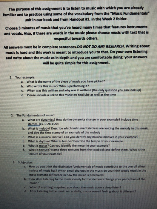 The purpose of this assignment is to listen to music | Chegg.com