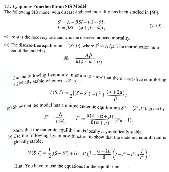 Solved 7.1. ﻿Lyapunov Function for an SIS ModelThe following | Chegg.com