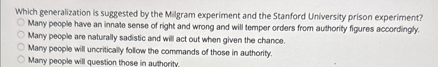 Solved Which generalization is suggested by the Milgram | Chegg.com