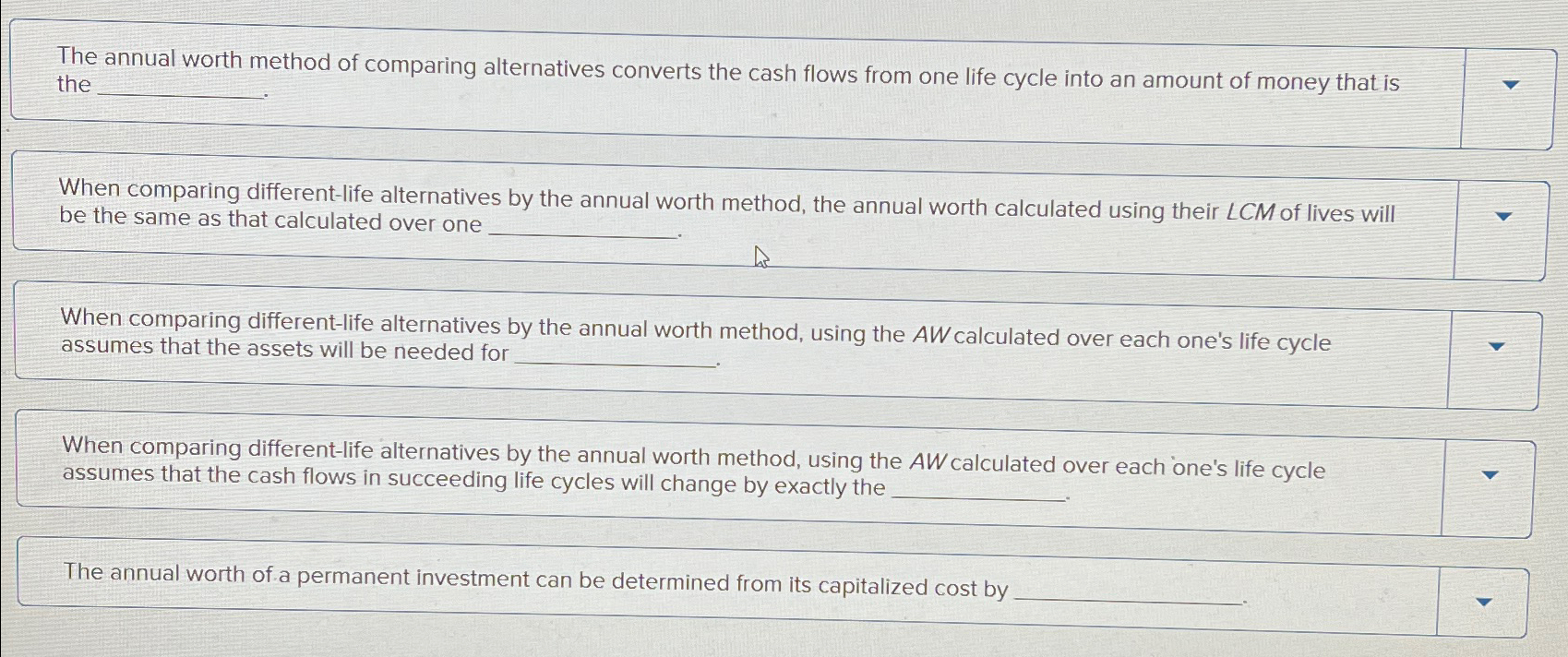 Solved The annual worth method of comparing alternatives | Chegg.com