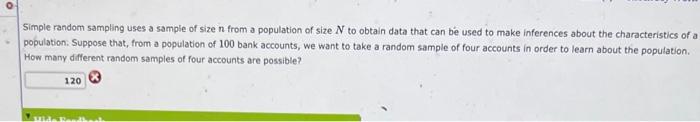 Solved Simple random sampling uses a sample of size n from a | Chegg.com