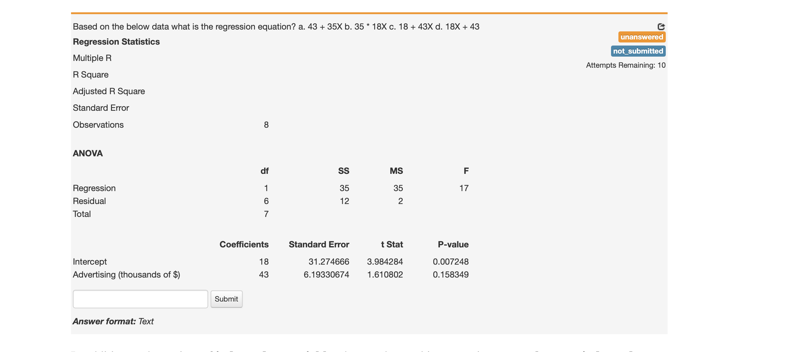 Solved Based on ﻿the below data what is ﻿the regression | Chegg.com