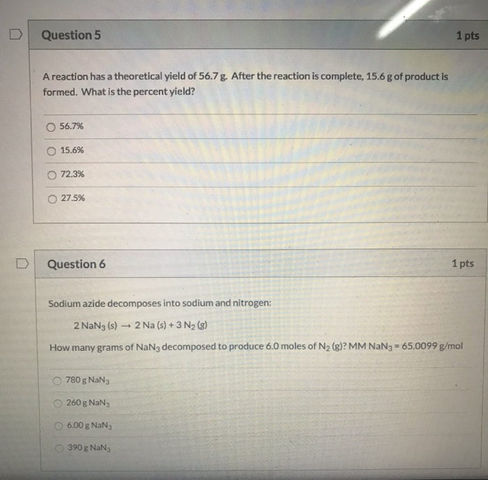 Solved Question 5 1 pts A reaction has a theoretical yield | Chegg.com