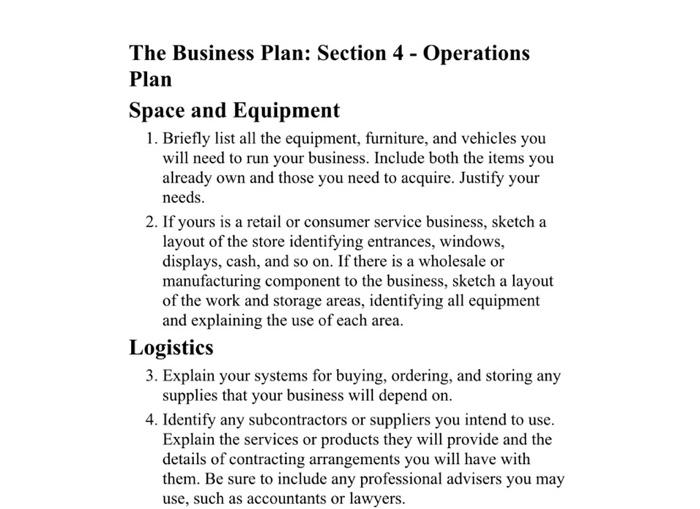 Solved The Business Plan: Section 4 - Operations Plan Space | Chegg.com