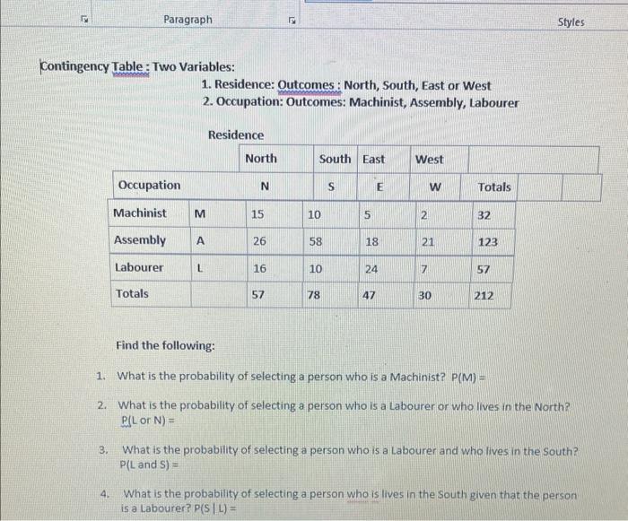 Solved Contingency Table : Two Variables: 1. Residence: | Chegg.com