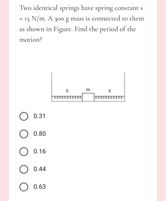 Solved Two identical springs have spring constant s = 15 | Chegg.com