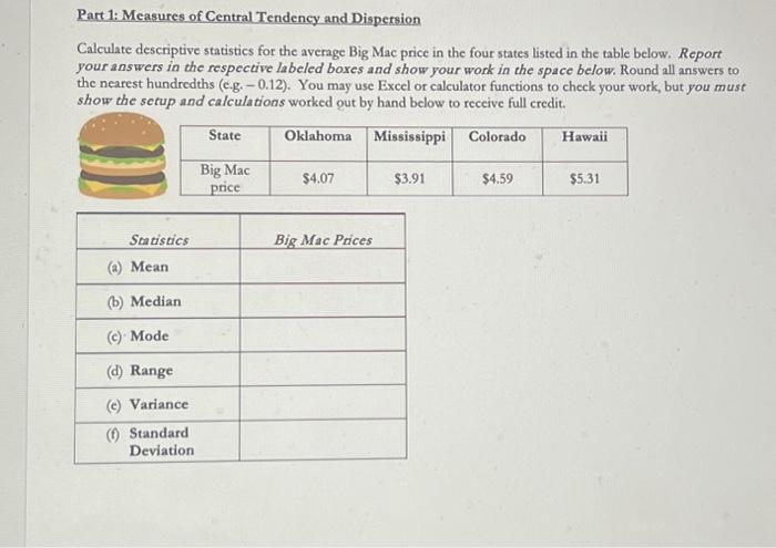 Solved Part 1: Measures of Central Tendency and Dispersion | Chegg.com