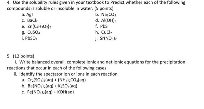 Solved 4. Use the solubility rules given in your textbook to | Chegg.com