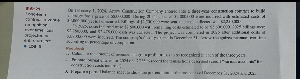 Solved E 6-21 ﻿Long-term contract; revenue recognition over | Chegg.com