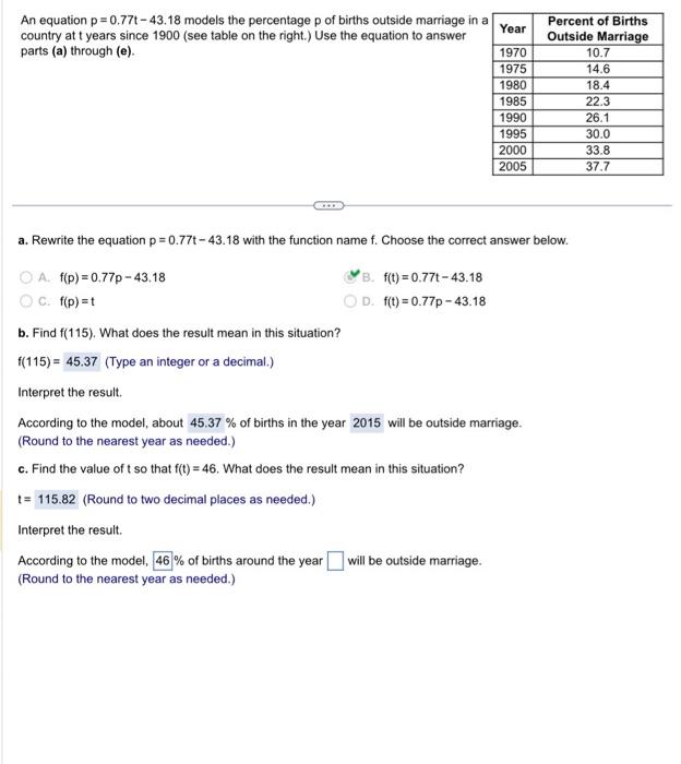 Solved An equation p=0.77t−43.18 models the percentage p of | Chegg.com