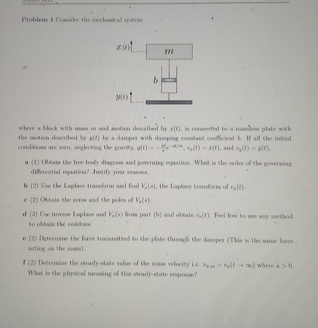 Problem 1 Conside the mechanical nystem where a block | Chegg.com