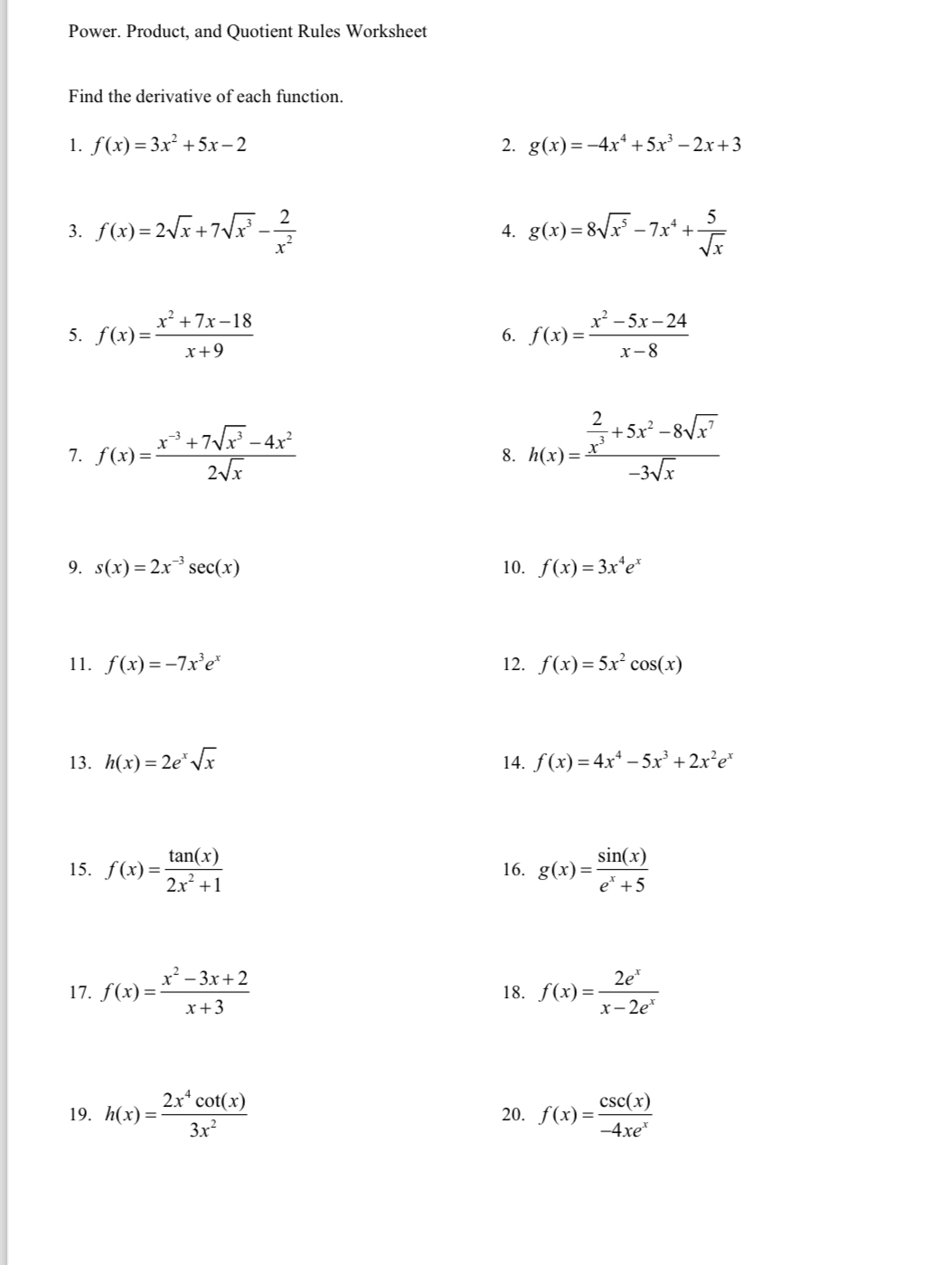 Solved Power. Product, and Quotient Rules WorksheetFind the | Chegg.com