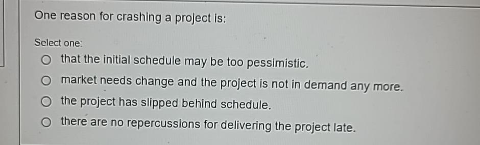Solved One reason for crashing a project is:Select one:that | Chegg.com