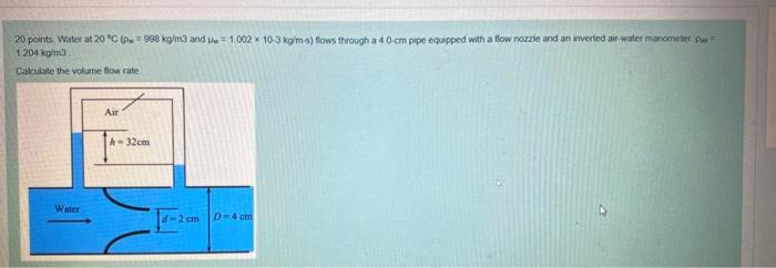 Solved 20 points Water at 20∘C(pm=998 kg/m3 and | Chegg.com