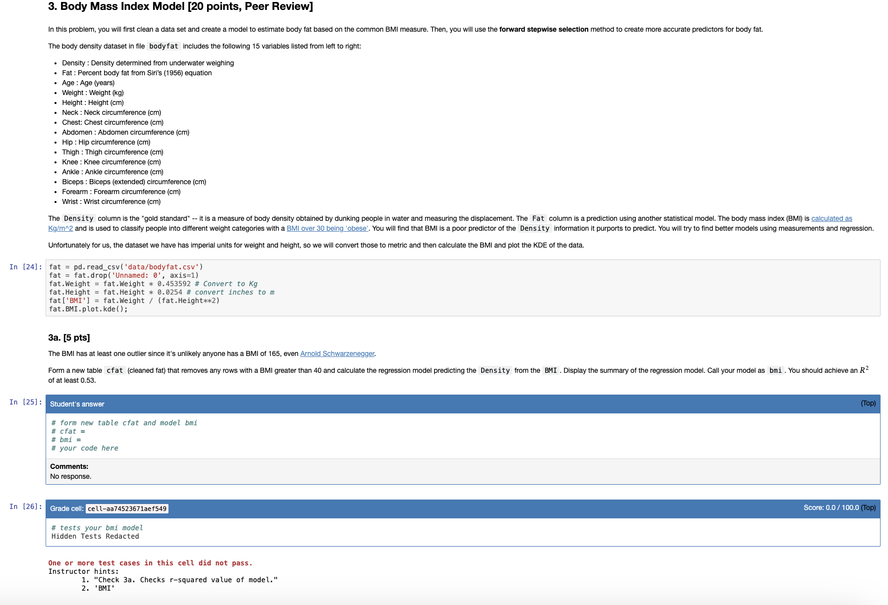 help please. 3. ﻿Body Mass Index Model [20 ﻿points, | Chegg.com