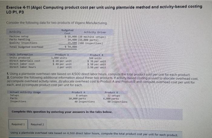 Solved Exercise 4-11 (Algo) Computing product cost per unit | Chegg.com